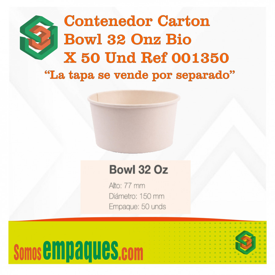 Contenedor Carton Bowl 32 Onz Bioform X 50 Und